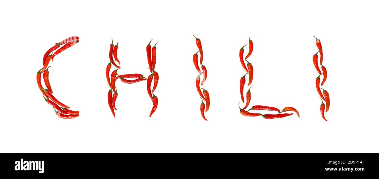 An isolated top view of the word "Chili" formed of chili peppers on ...