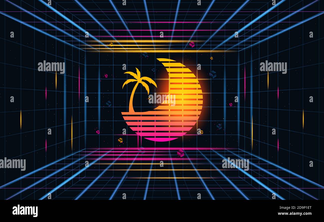 Futuristic grid sunset with coconut tree abstracts.Future theme concept ...