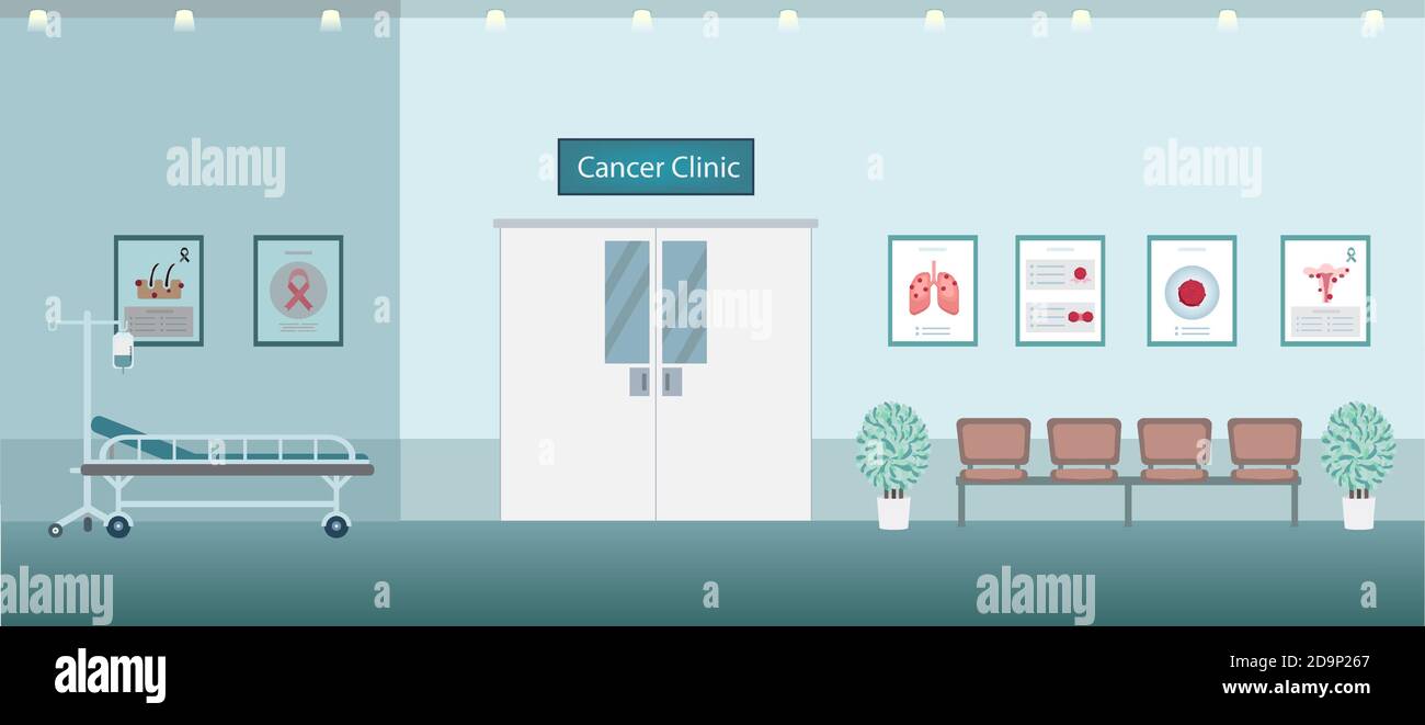 Cancer clinic interior with counter and waiting area flat design vector ...