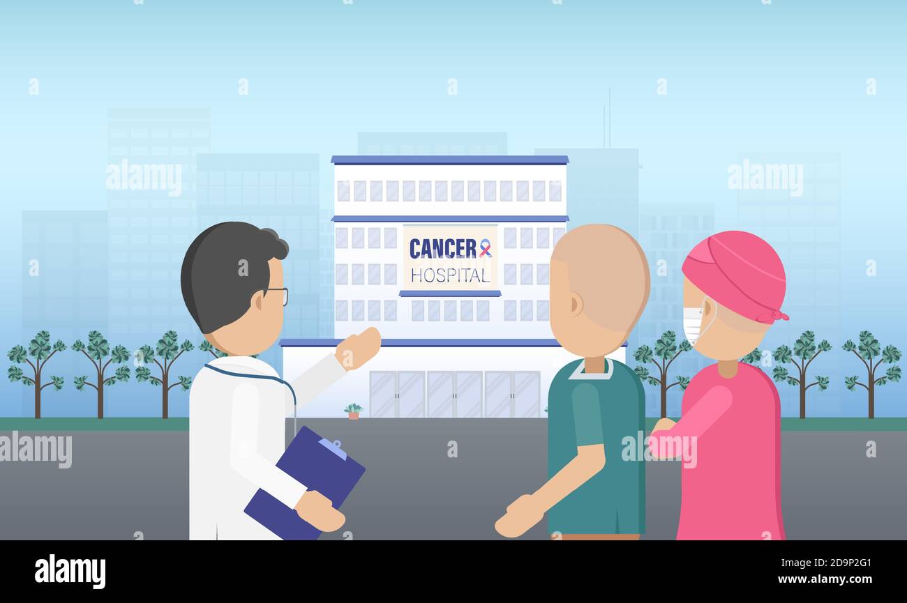 Cancer hospital with doctor and patients flat design vector ...