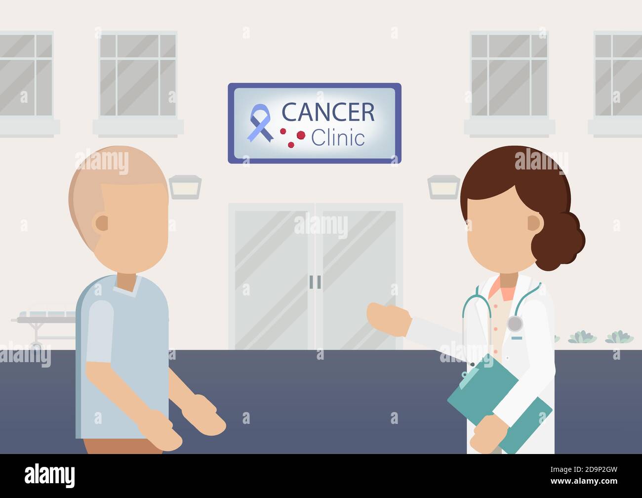 Cancer clinic with doctor and patient flat design vector illustration ...