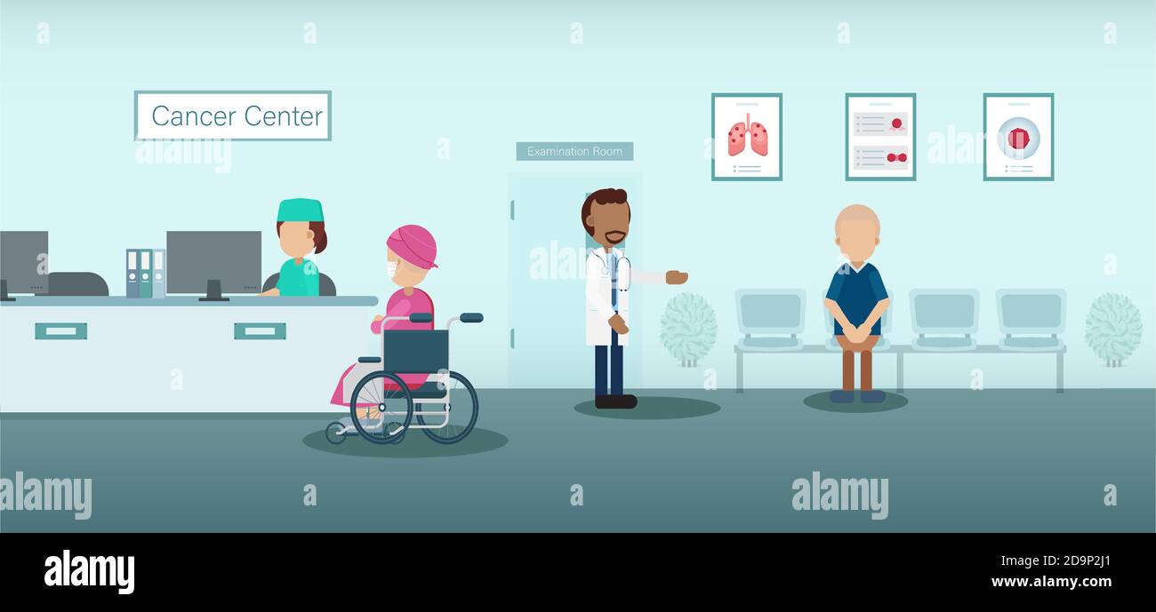 Cancer clinic with doctor and patients flat design vector illustration ...