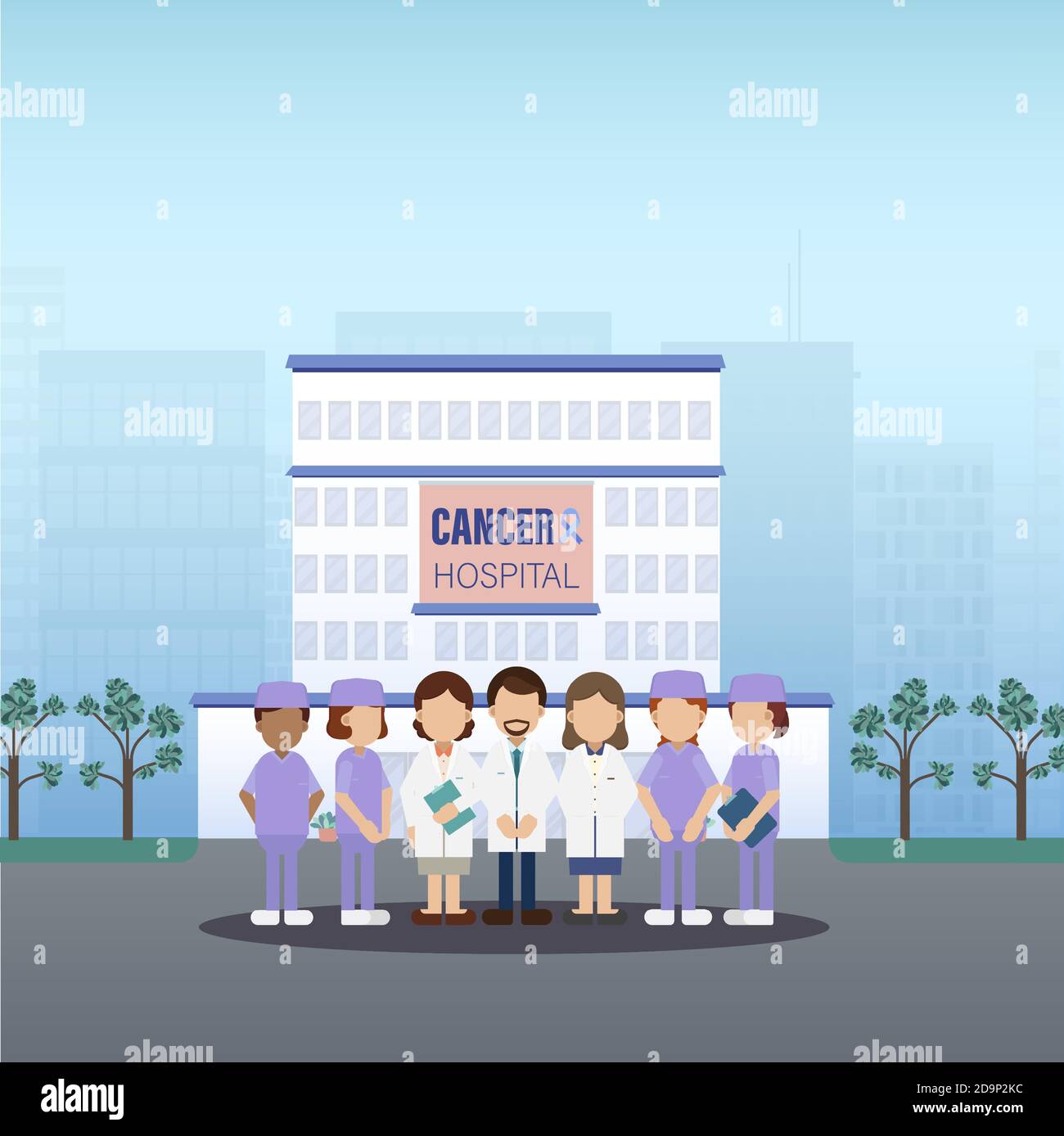 Cancer hospital with medical staff flat design vector illustration ...