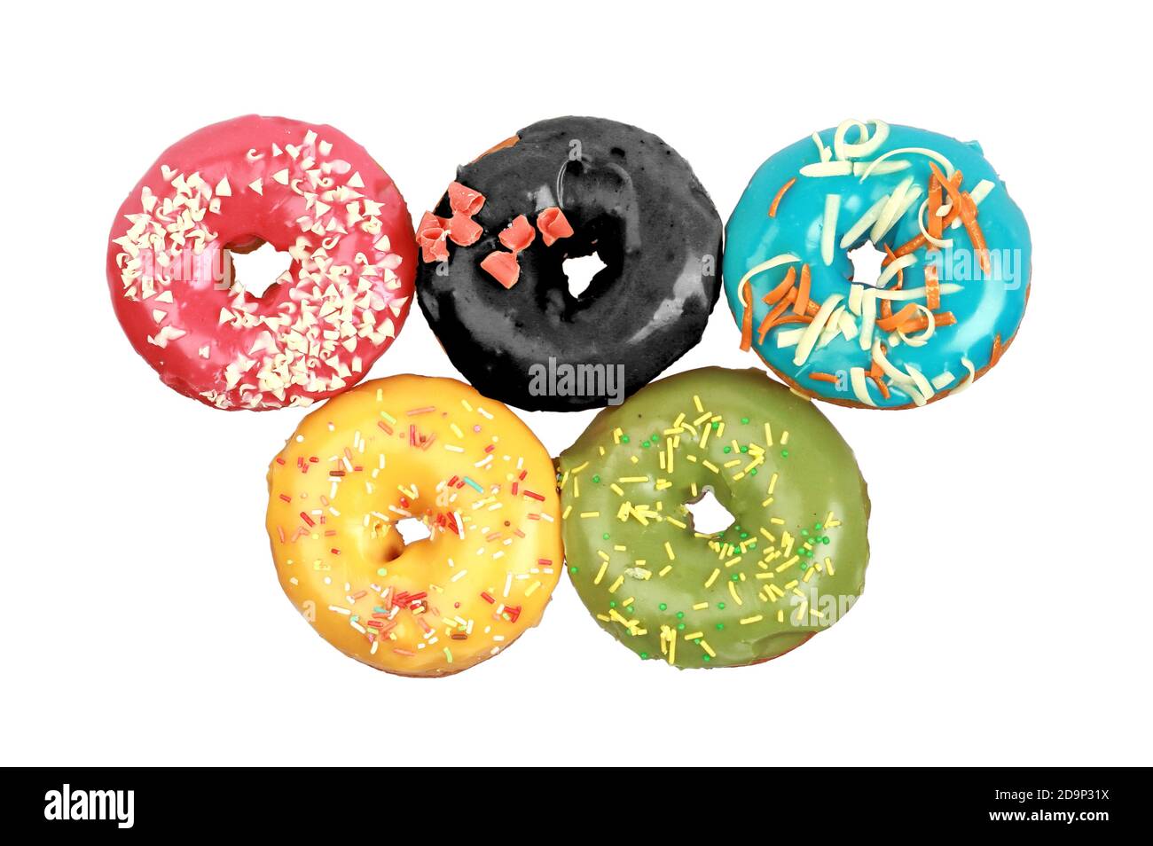 An isolated shot of five different flavored donuts next to each other ...