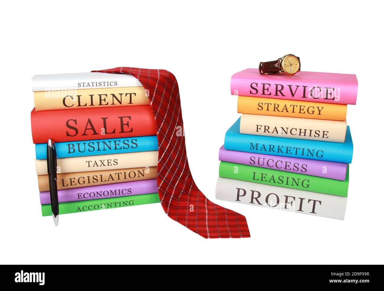The piles of colorful business books with a tie and a watch isolated on ...