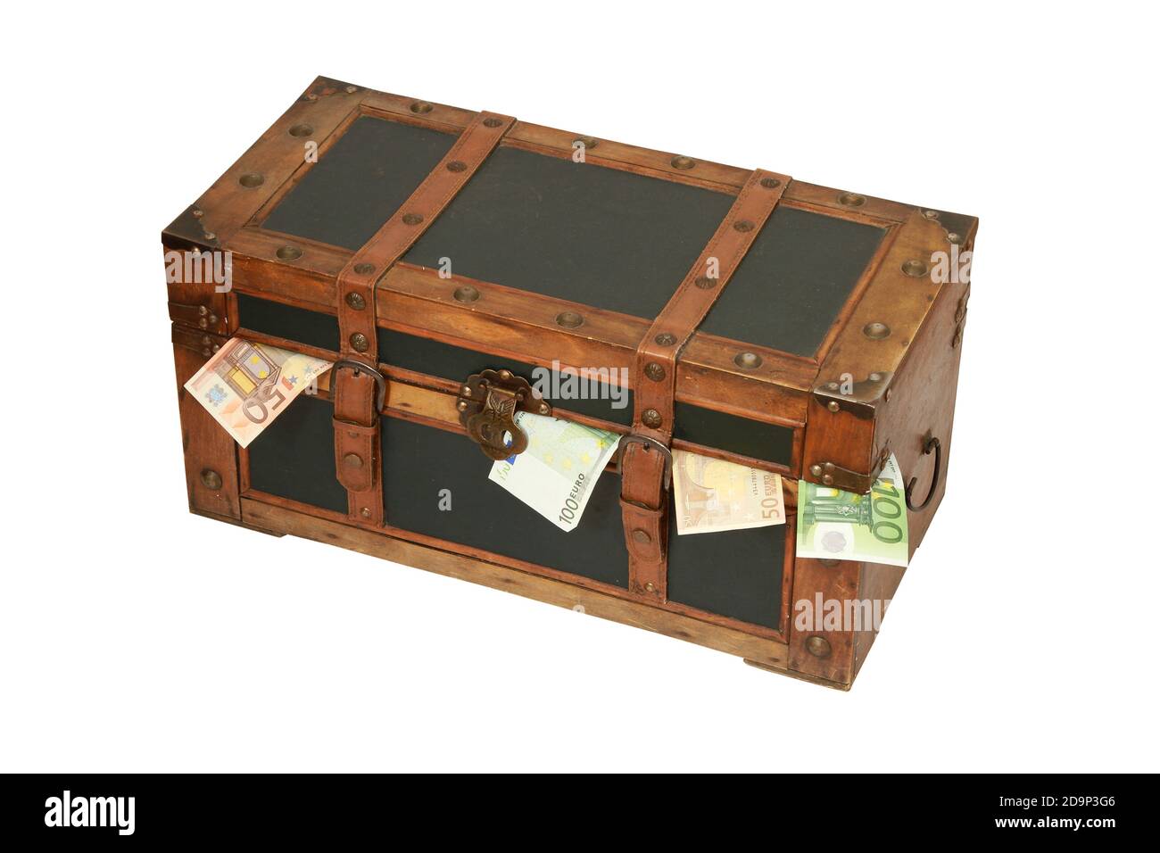 A vintage old trunk with money isolated on a white background Stock ...