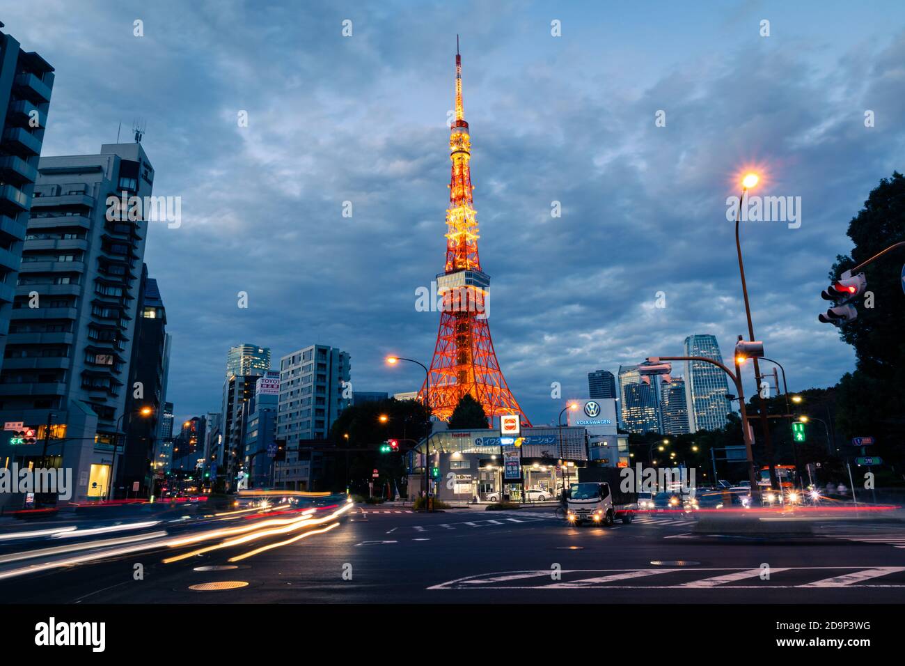Tokyo Tower view during blue hour with light trails Stock Photo - Alamy