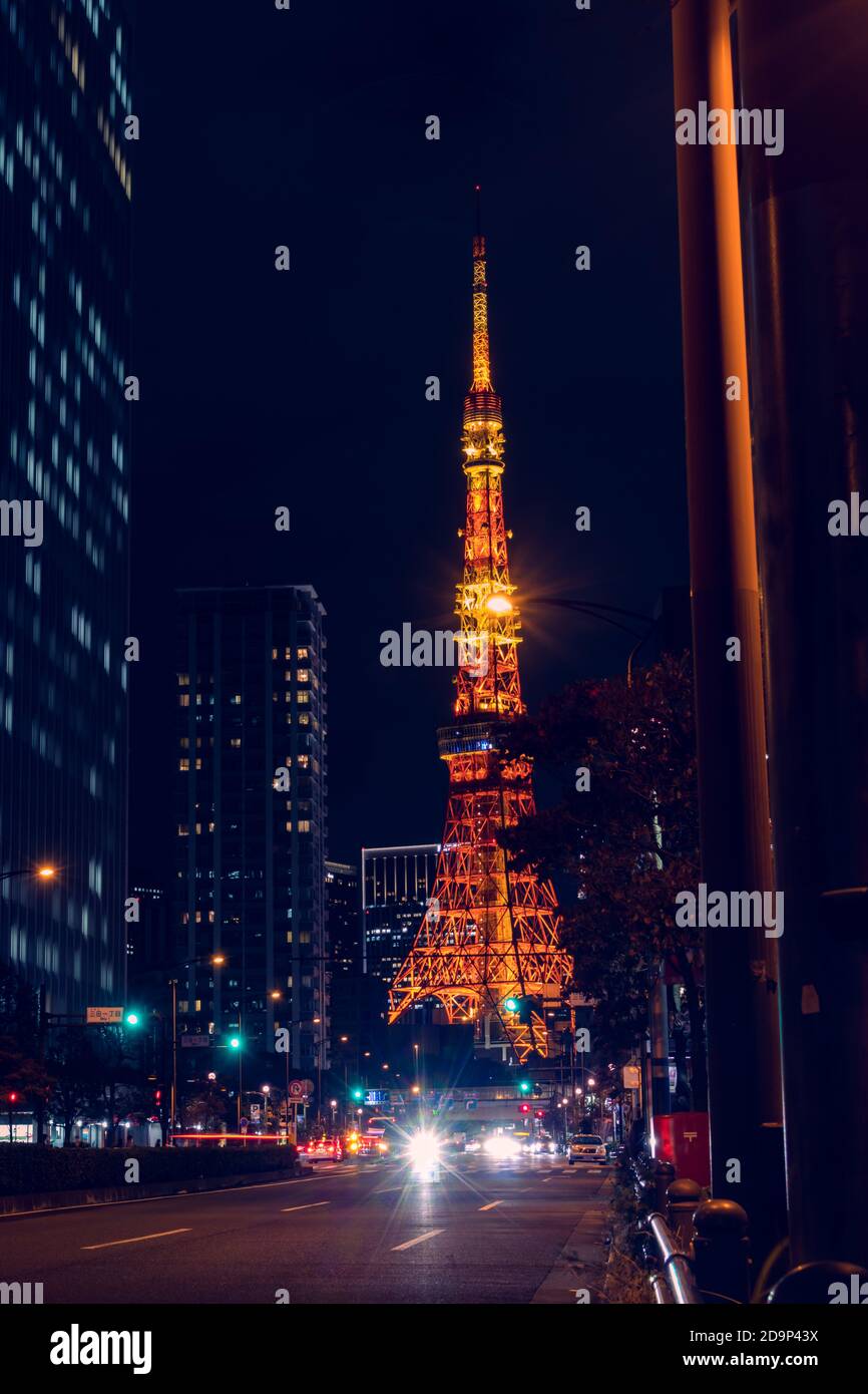Tokyo Tower view during blue hour with light trails Stock Photo - Alamy