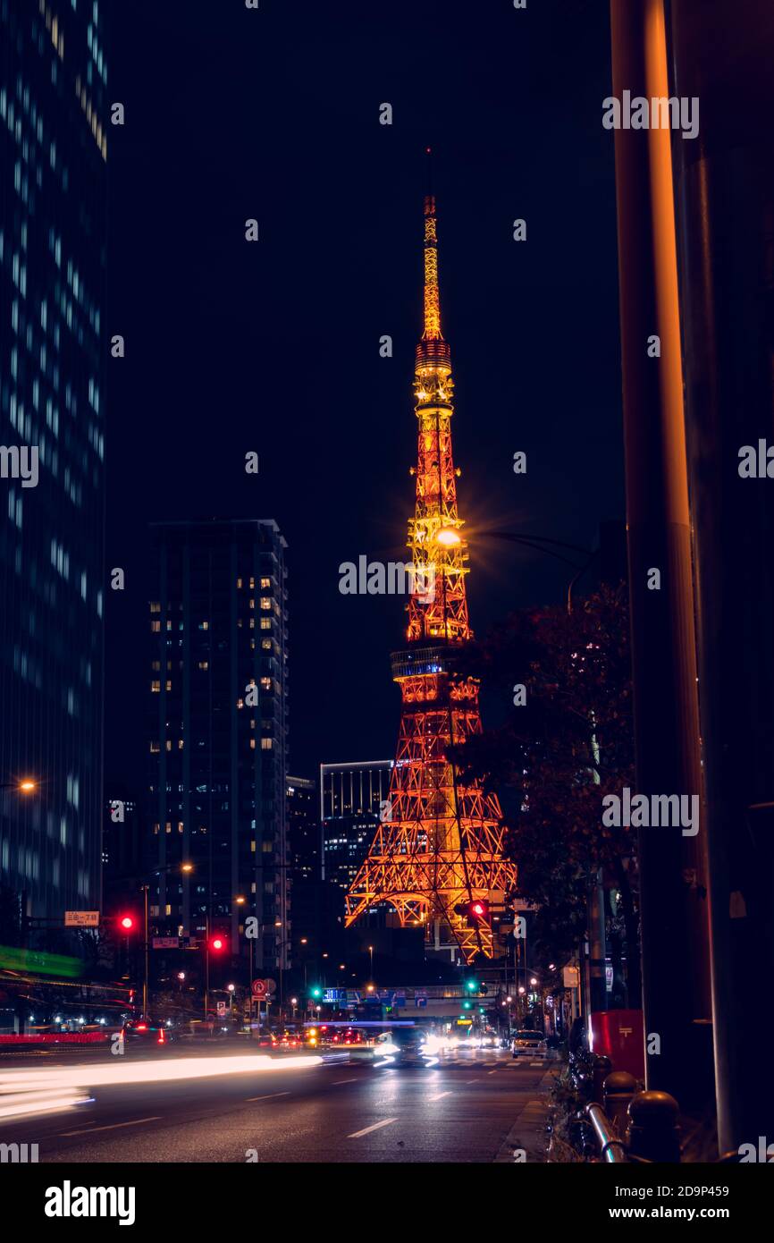 Tokyo Tower view during blue hour with light trails Stock Photo - Alamy