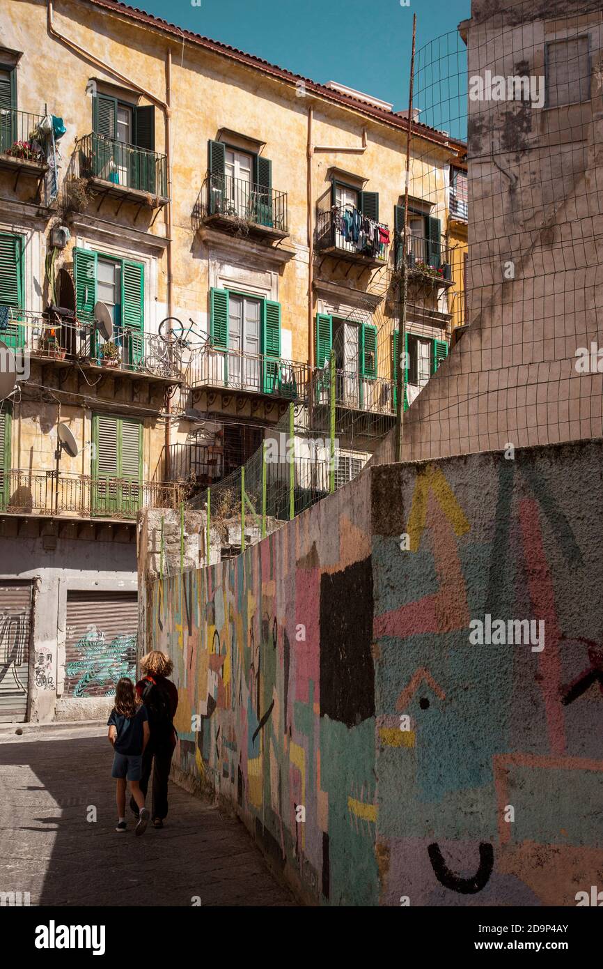 Graffiti, street art, residential building, Palermo, Sicily, Italy ...
