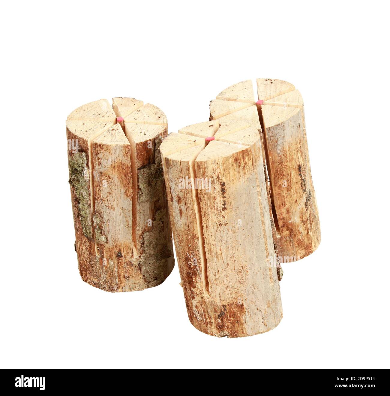 Heap of three logs with a built in lighter isolated on a white Stock ...
