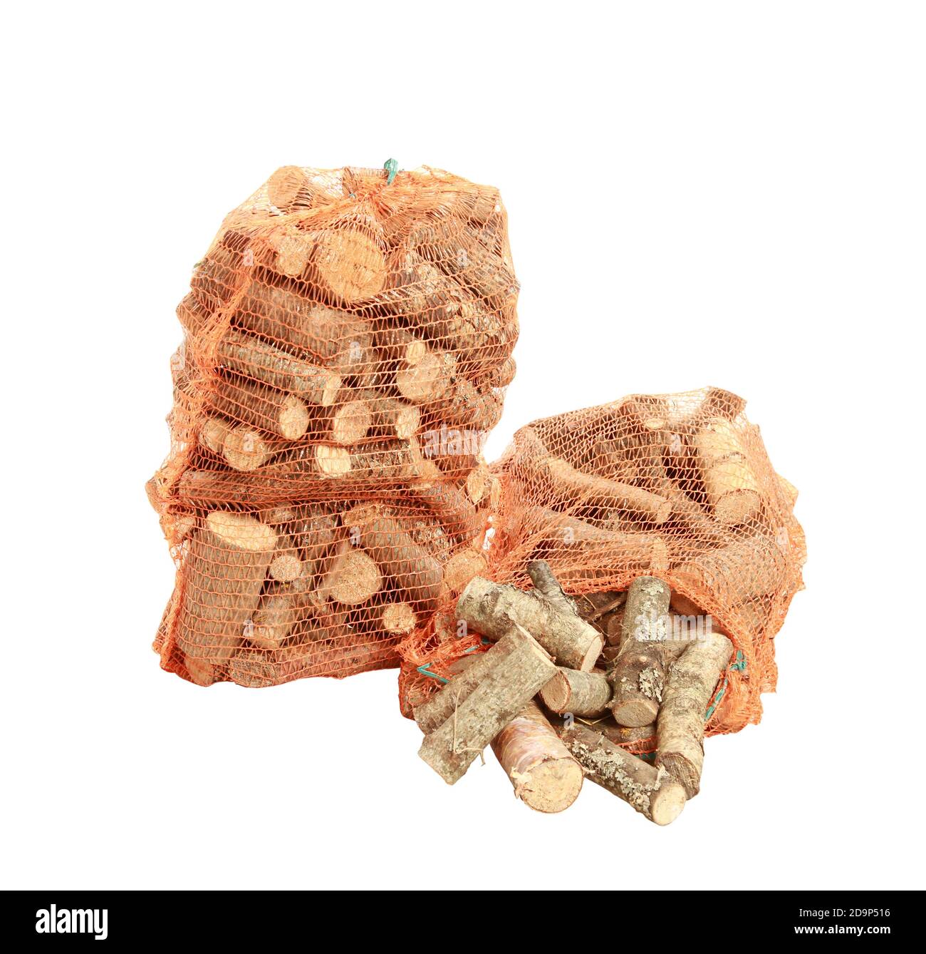 Firewood in the net bag isolated on white background Stock Photo - Alamy