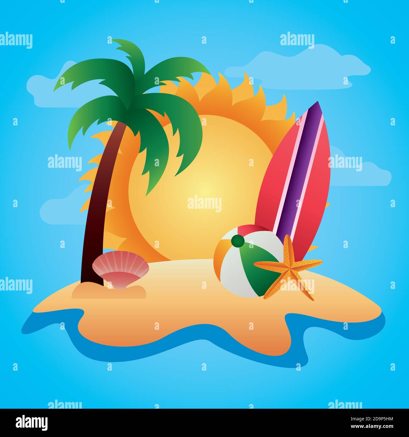 hello summer season with sun and icons in beach scene vector ...