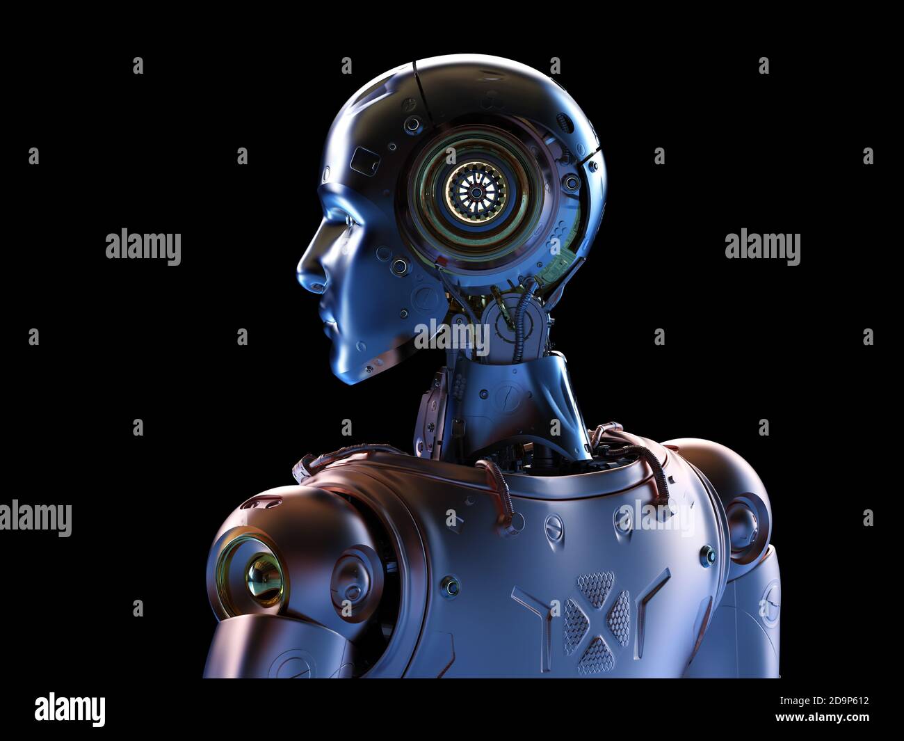 3d rendering metal cyborg or robot in black background Stock Photo - Alamy