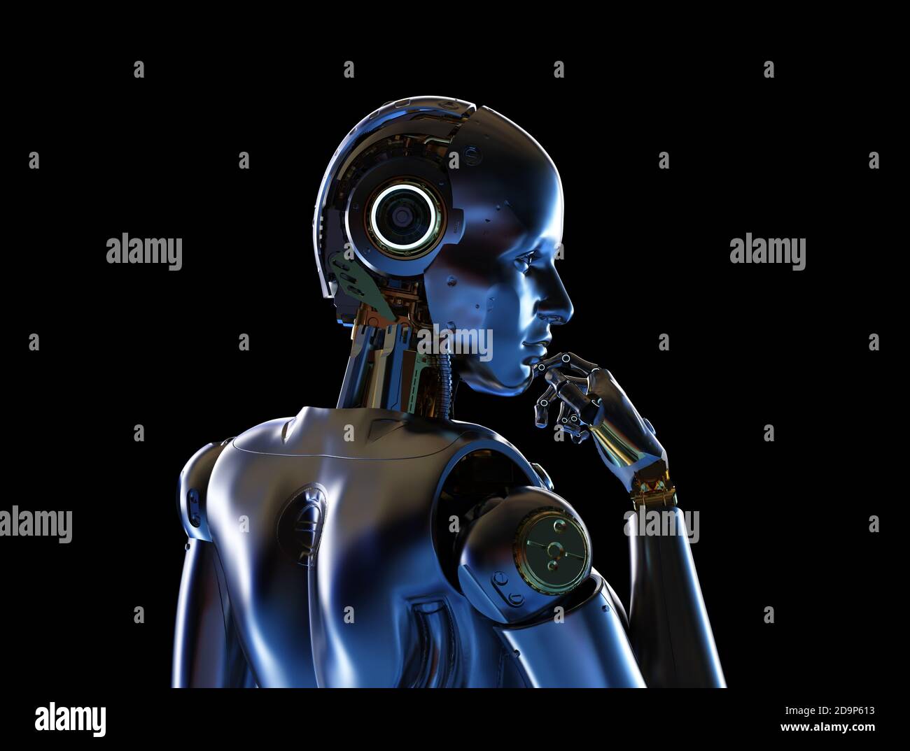 3d rendering metal cyborg or robot in black background Stock Photo - Alamy