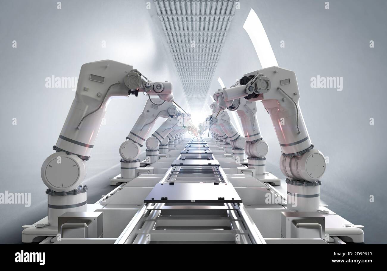 Automation industry concept with 3d rendering robot assembly line in ...