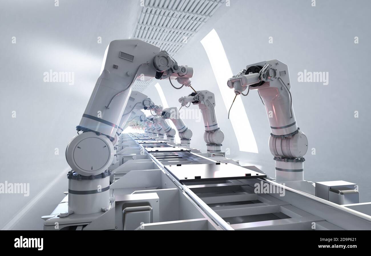 Automation industry concept with 3d rendering robot assembly line in factory Stock Photo - Alamy