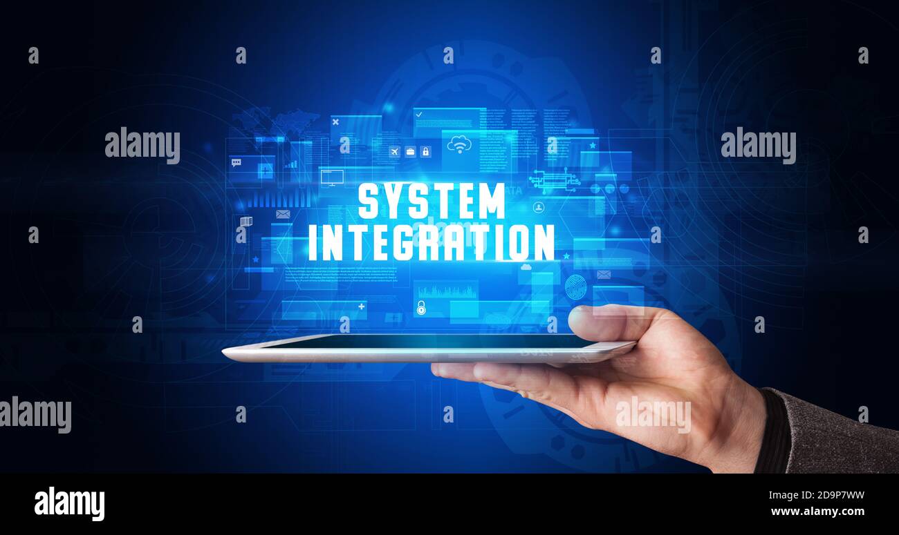 Young business person working on tablet and shows the digital sign ...