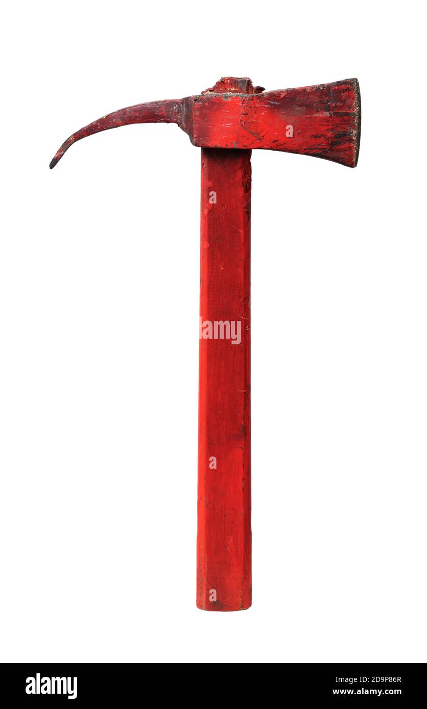 Old red axe with wooden handle, firefighter tool, isolated on white ...