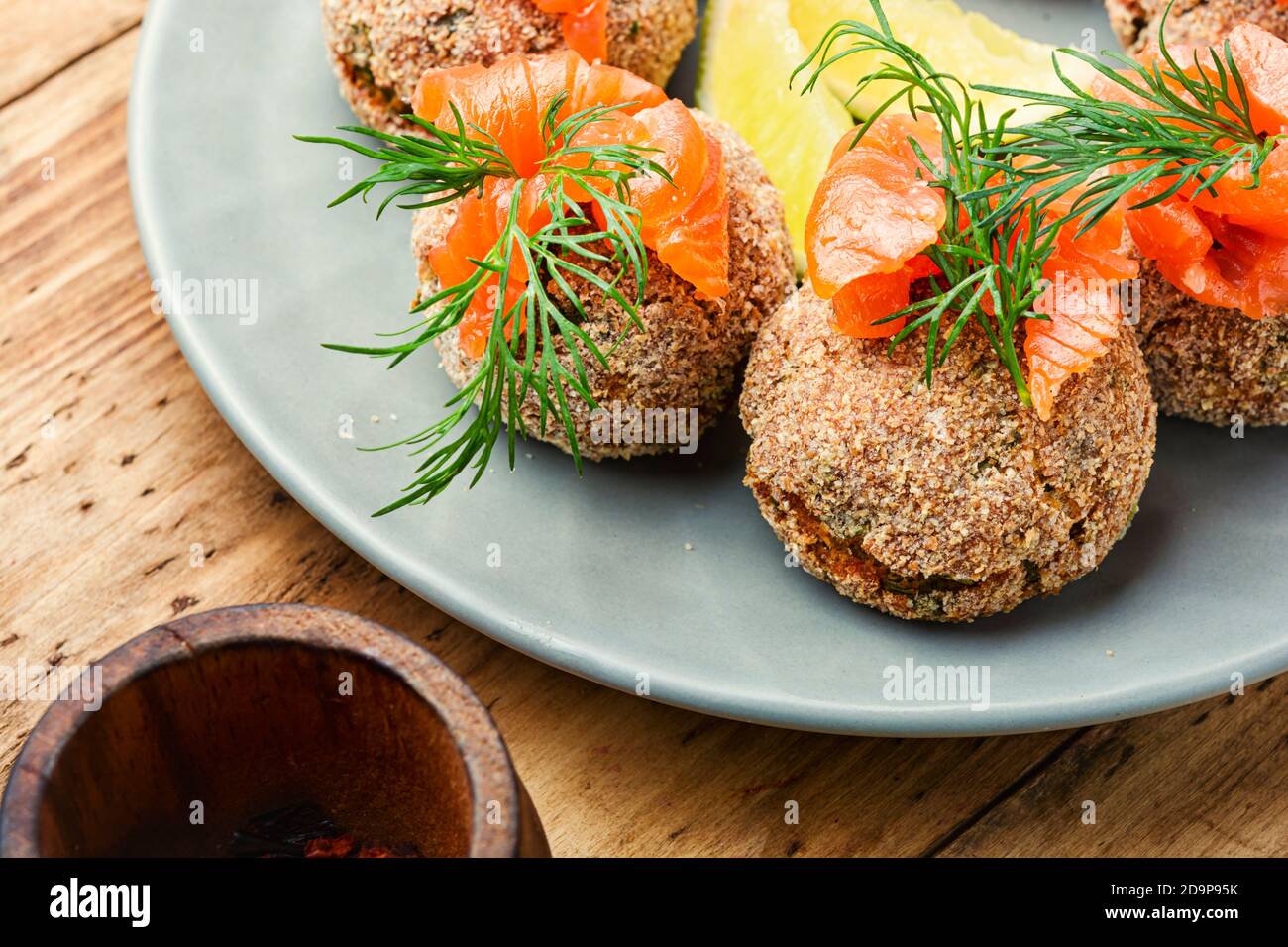 Cod roe fish meatballs.Plate with homemade salmon cutlets Stock Photo ...