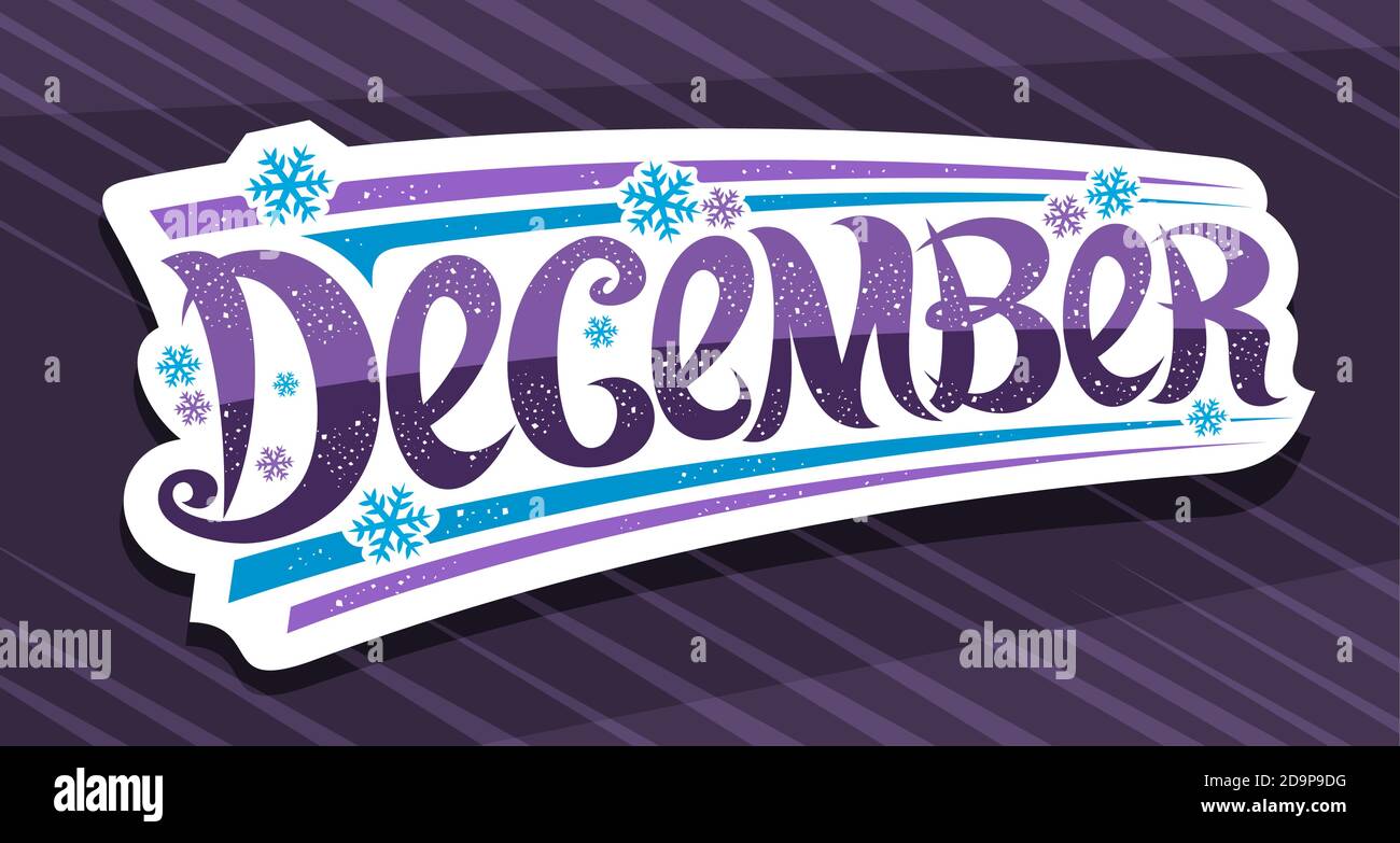Vector banner for December, white badge with unique curly calligraphic ...