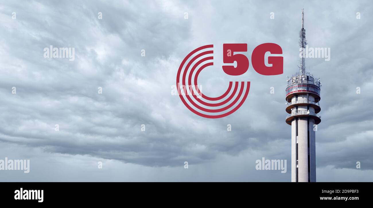 Telecommunications 5G Tower Against Dramatic Clouds. Wireless Systems ...