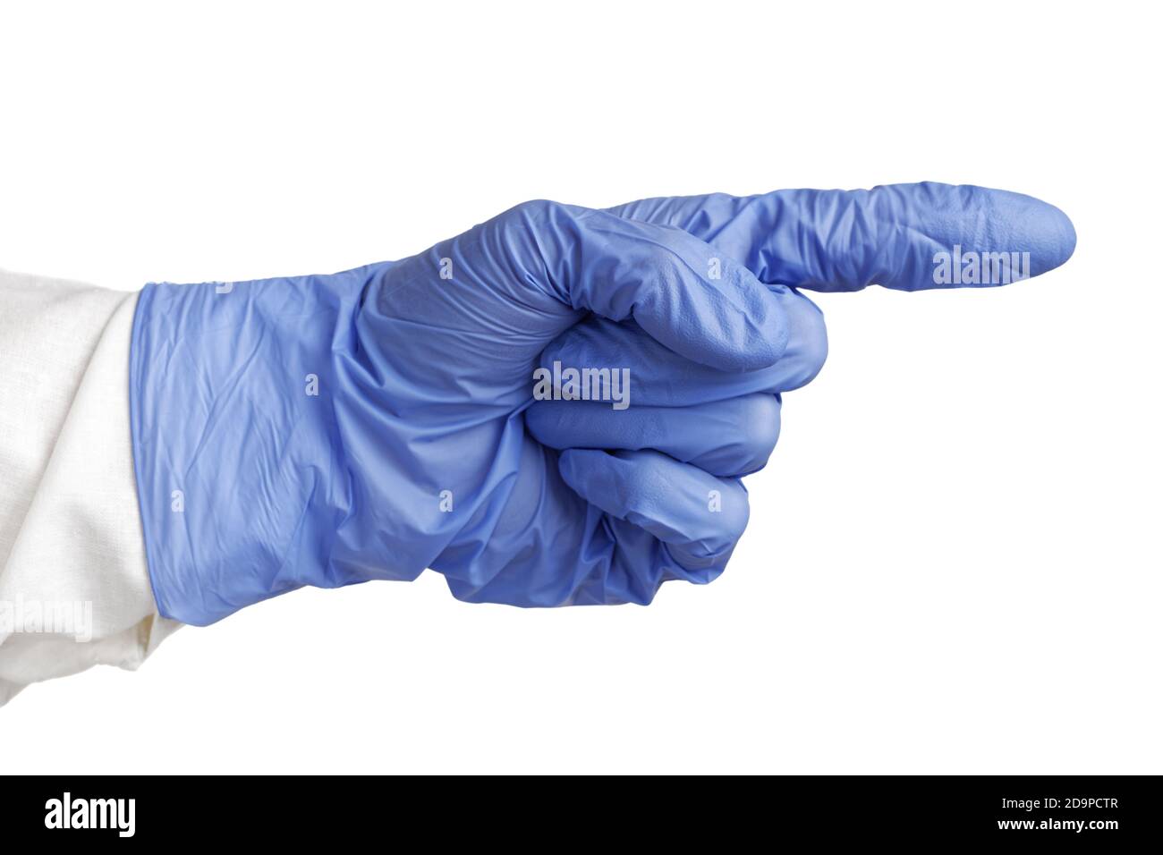 A human hand with pointing finger in a blue medical glove. Isolated on ...