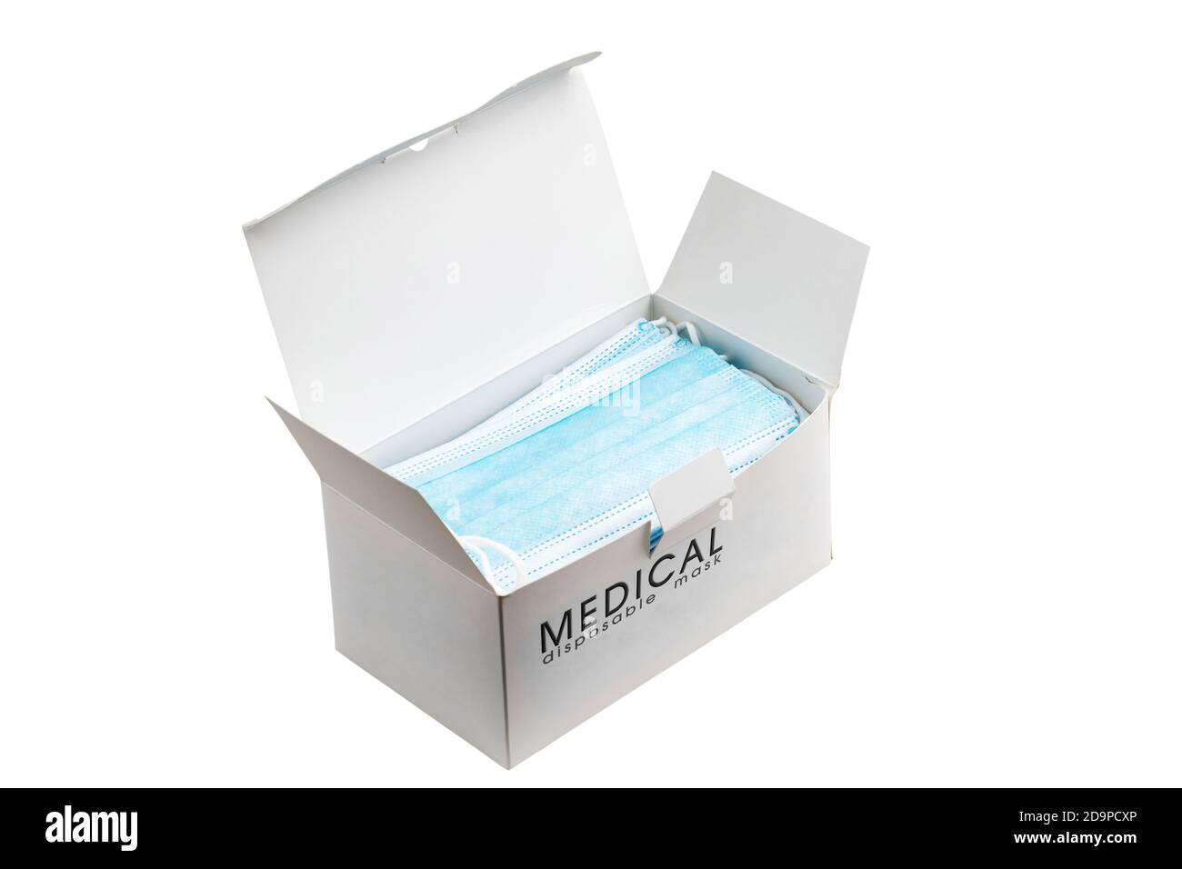 Close-up open cardboard packaging with new medical face masks isolated ...