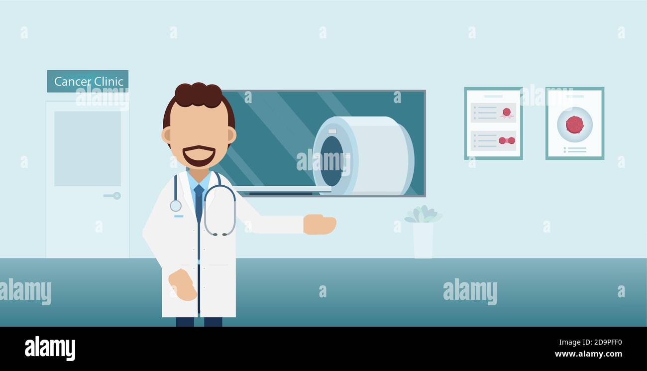 Cancer clinic interior with doctor and ct scan machine flat design ...