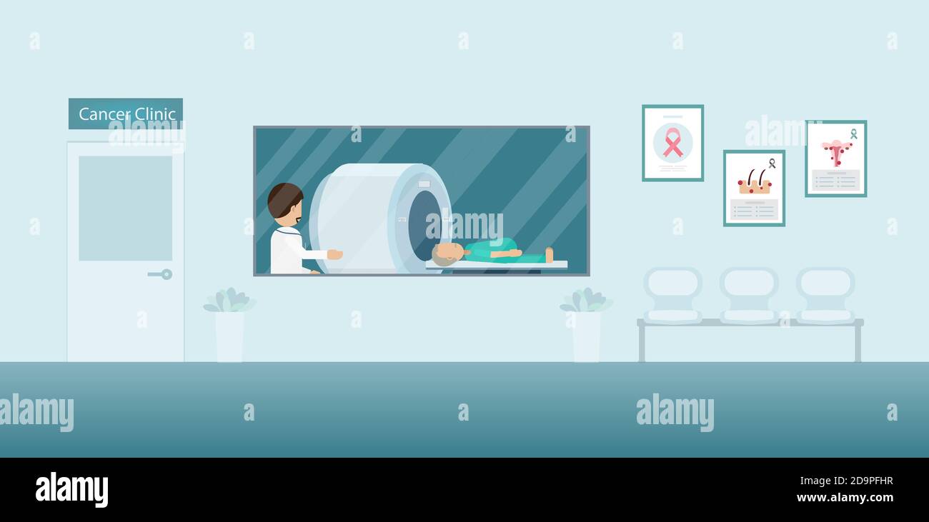 Cancer clinic interior with doctor and patient in ct scan machine flat ...