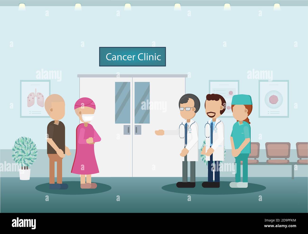 Cancer clinic with doctor and patients flat design vector illustration ...