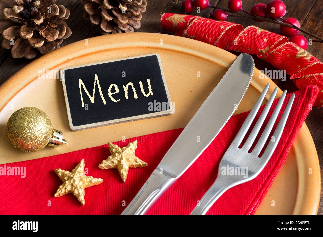 Festive table setting with small chalkboard close up Stock Photo - Alamy
