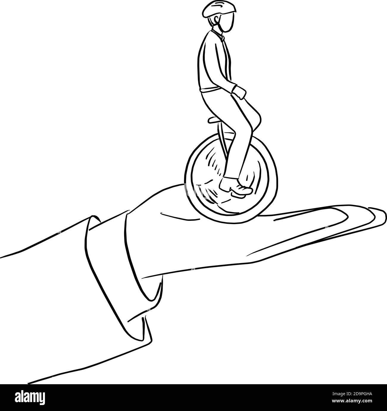 businessman riding one wheel bike To balance on big hand vector ...