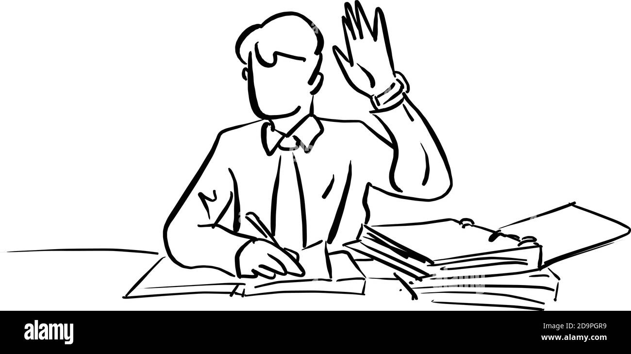 Businessman raising his hand up on working desk vector illustration ...