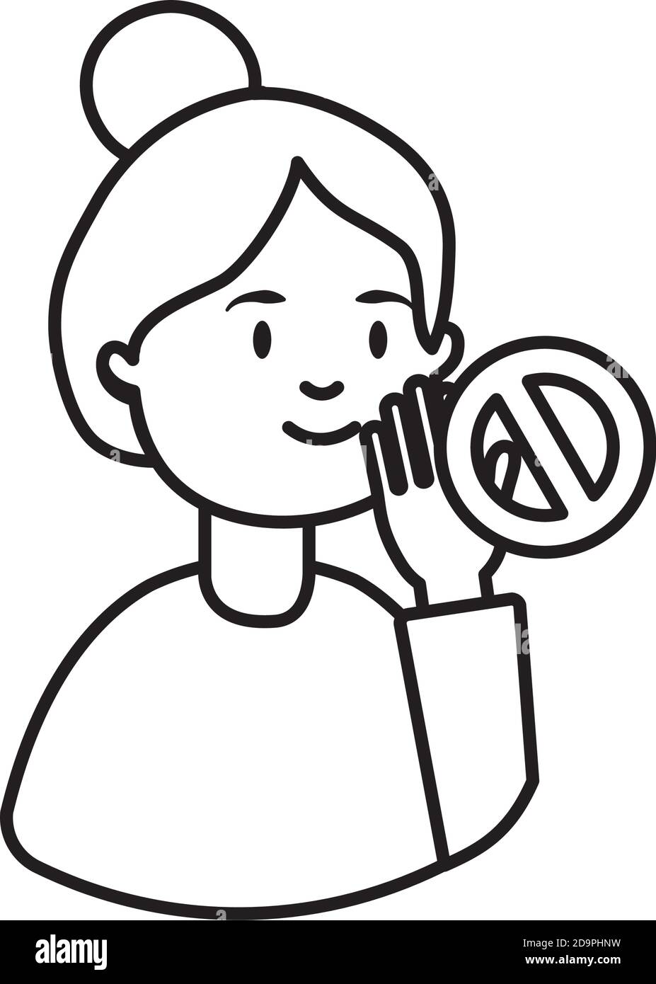 cartoon woman touching her face and forbidden sign over white ...