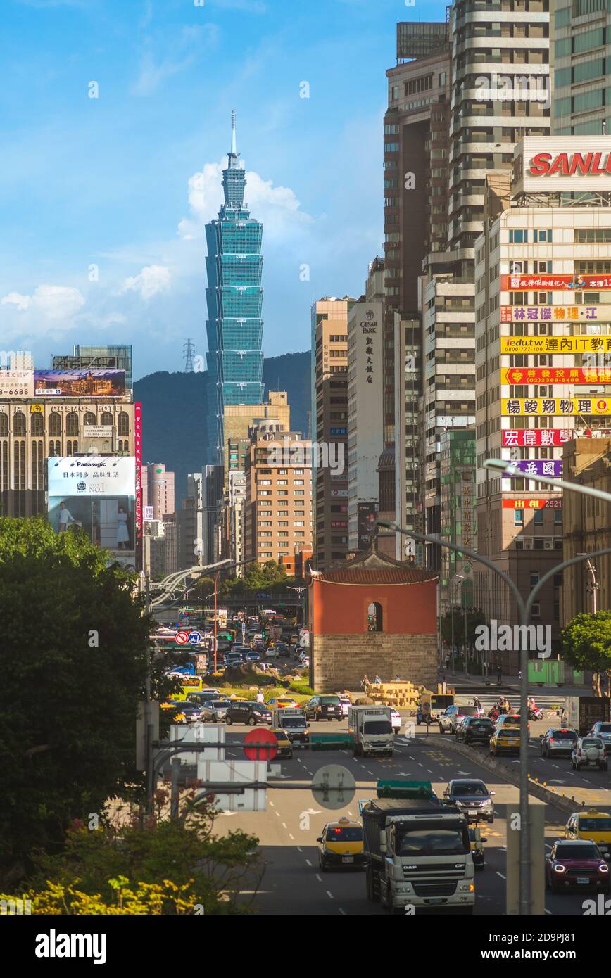 November 6, 2020: Zhongxiao Road with taipei 101 and north gate. It is ...