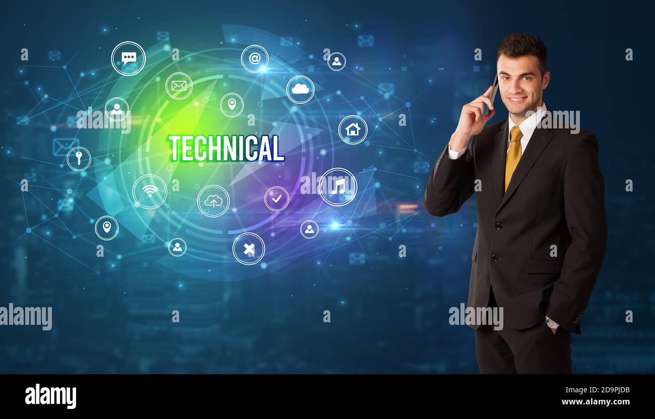 Businessman thinking in front of technology related icons and TECHNICAL ...