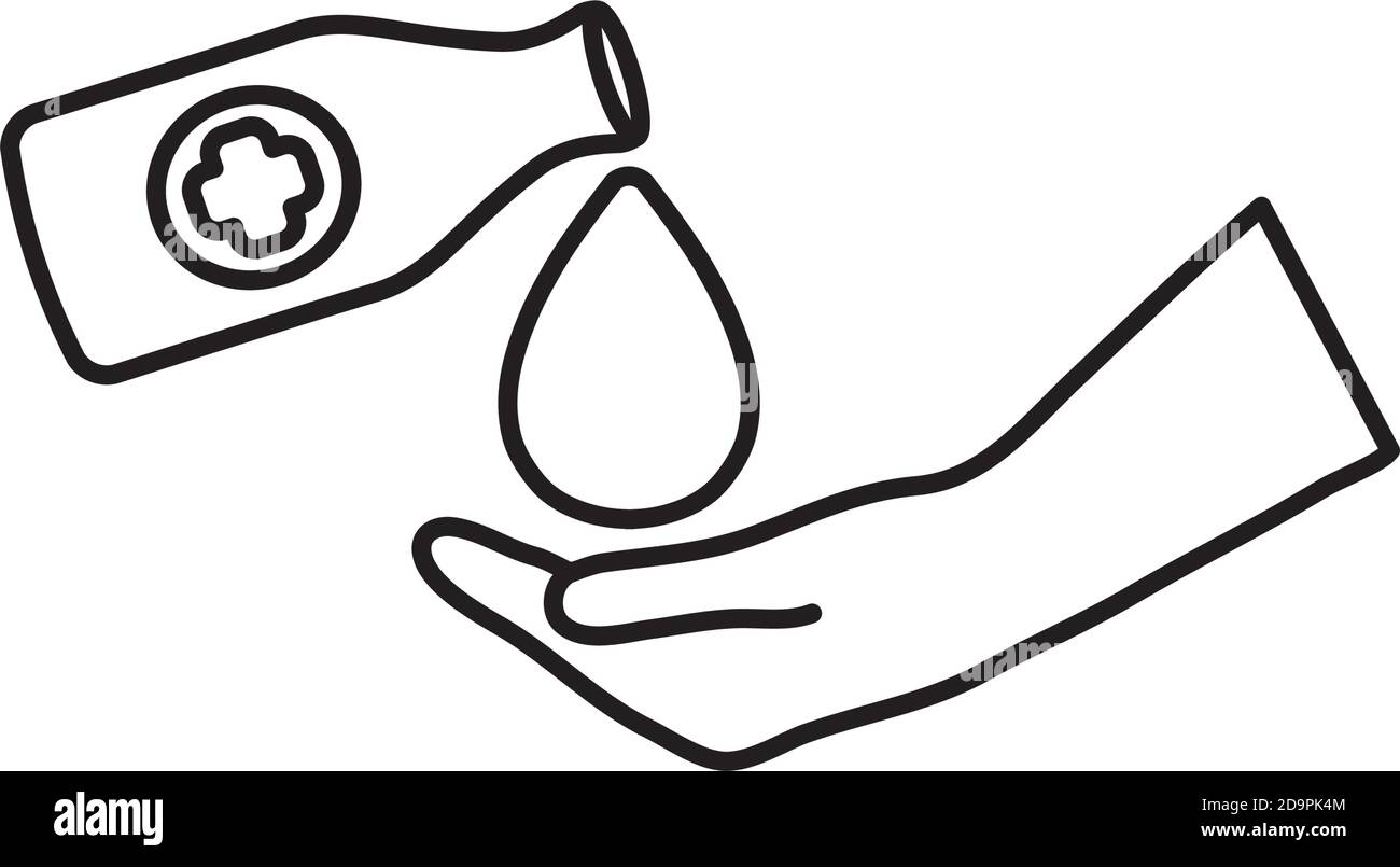 hand with alcohol bottle icon over white background, line style, vector ...