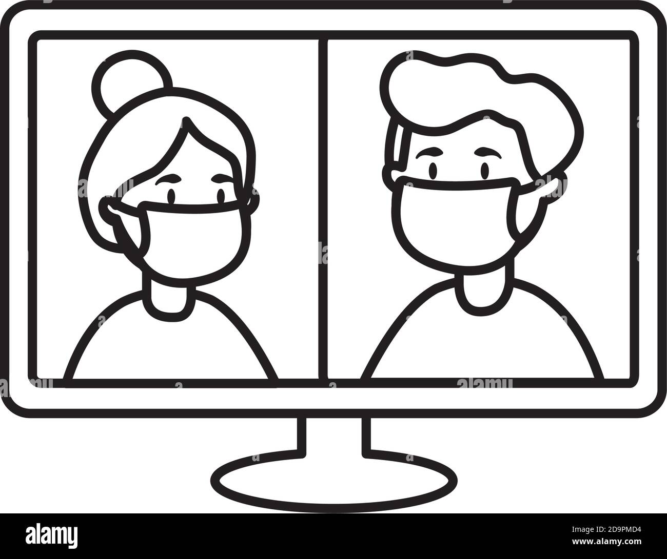 computer and people with mouth masks on screen over white background ...