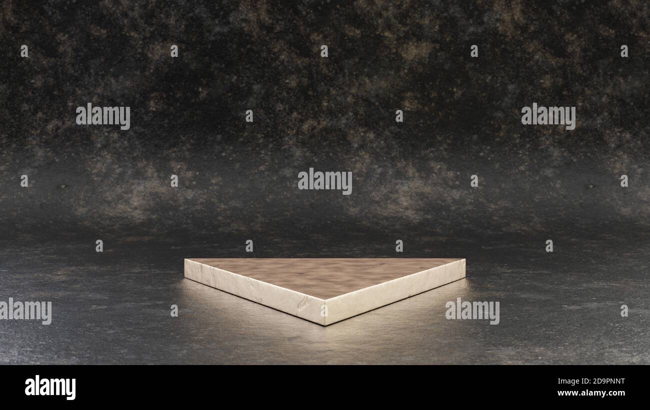Golden triangle podium isolated on black metal background. 3d rendered ...