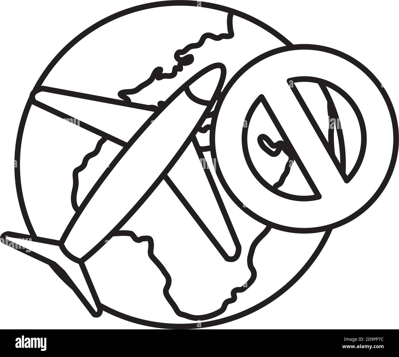 stop travel symbol, forbidden sign with planet and airplane over white ...
