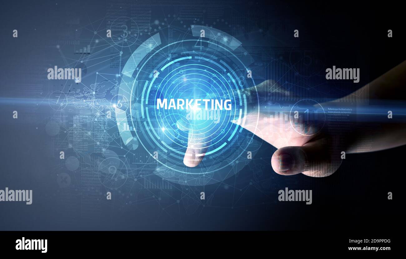 Hand touching MARKETING button, modern business technology concept ...