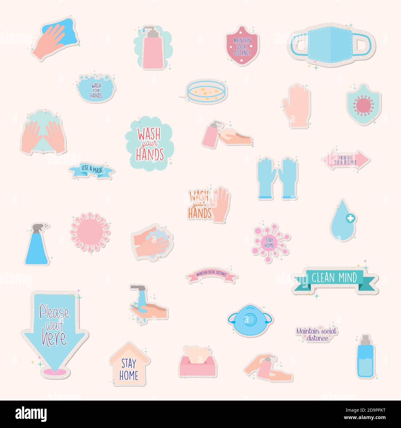 icon set of covid19 pandemic stickers with background pink Stock Vector ...
