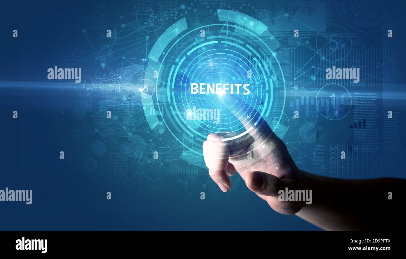 Hand touching BENEFITS button, modern business technology concept Stock ...