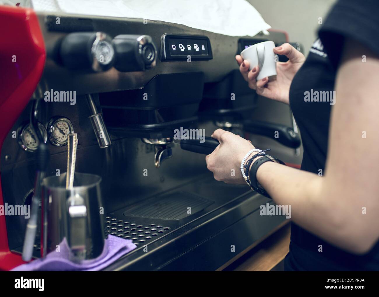Closeup shot of barista using coffee machine in the bar Stock Photo - Alamy