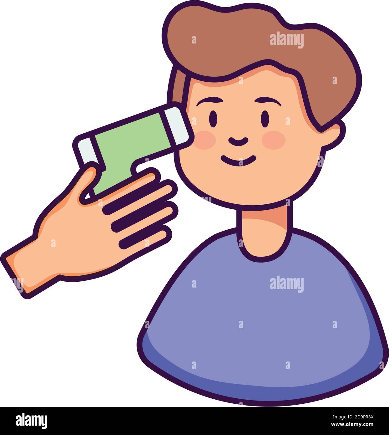 cartoon man and hand with infrared thermometer over white background ...