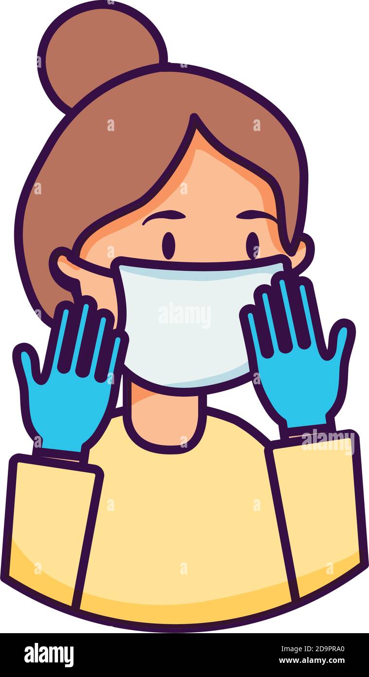 cartoon woman with medical gloves and mouth mask over white background ...