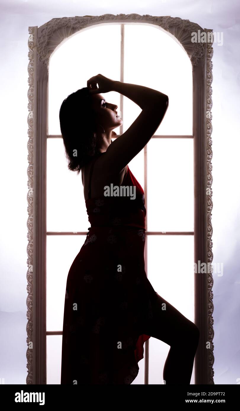 Woman's beautiful sihouette on white window background studio portrait ...