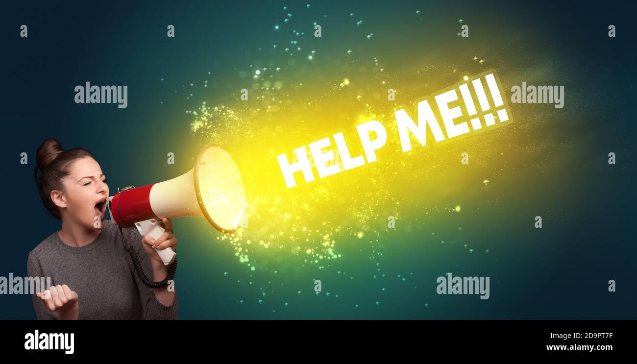 Young woman yelling to loudspeaker with HELP ME!!! inscription, modern ...