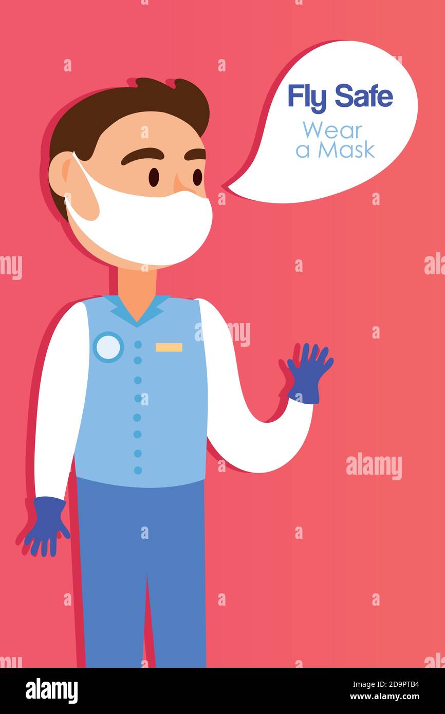 fly safe campaign lettering poster with male stewardess talking vector ...